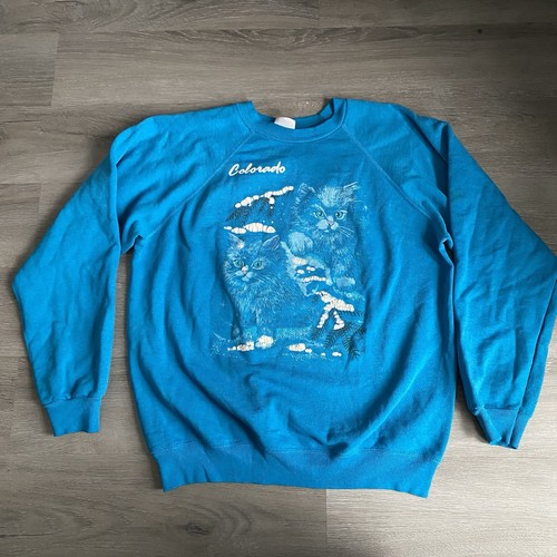 Vintage Nature Sweatshirt Large Blue Crewneck Sweater 80s Cats Kittens ...