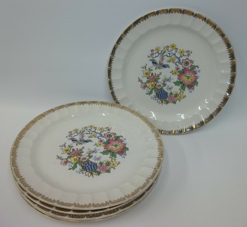 Set 6 Luncheon Plates Cronin China C013 Gold Flutes Flowers & Bird | eBay