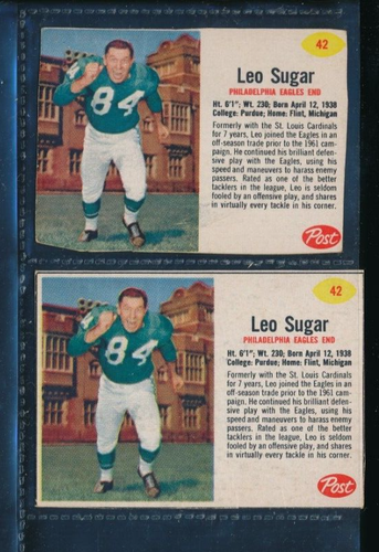 lot (2) 1962 Post Cereal #42 Leo Sugar Philadelphia Eagles (HL14) SWSW6 ...
