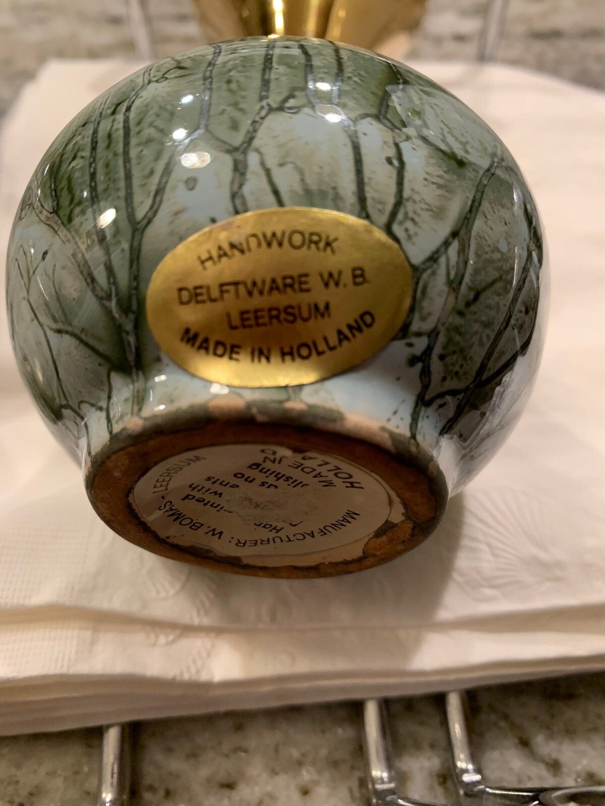 Delftware W. B. Leersum Hand-Painted Vase 5.75" Brass Accents Green ...