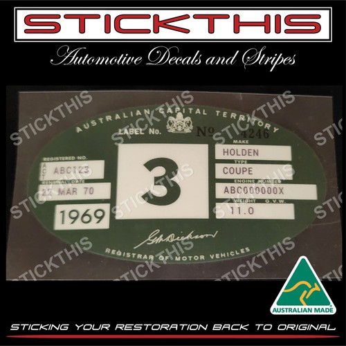 Reproduced Historic ACT Rego Registration Label Decal Sticker 1962 ...