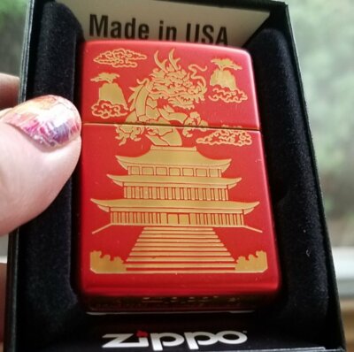 ZIPPO 49517 Dragon Temple Metallic Red Laser Engraved NEW box Windproof ...