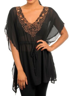 Sexy Black S Drawstring Semi-Sheer Caftan Style Cleavage Top Vintage ...