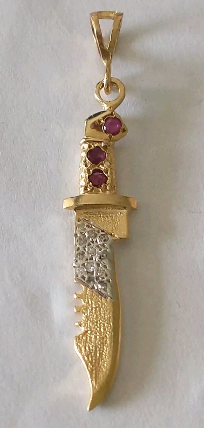14K Gold Bowie Knife With Diamonds And Rubies Pendant - Gem
