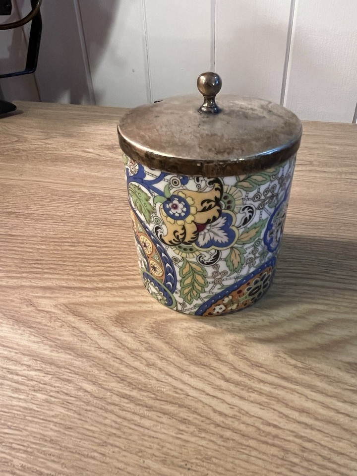vintage J Kent, Fenton Pottery condiment jar with a silver-plated lid ...