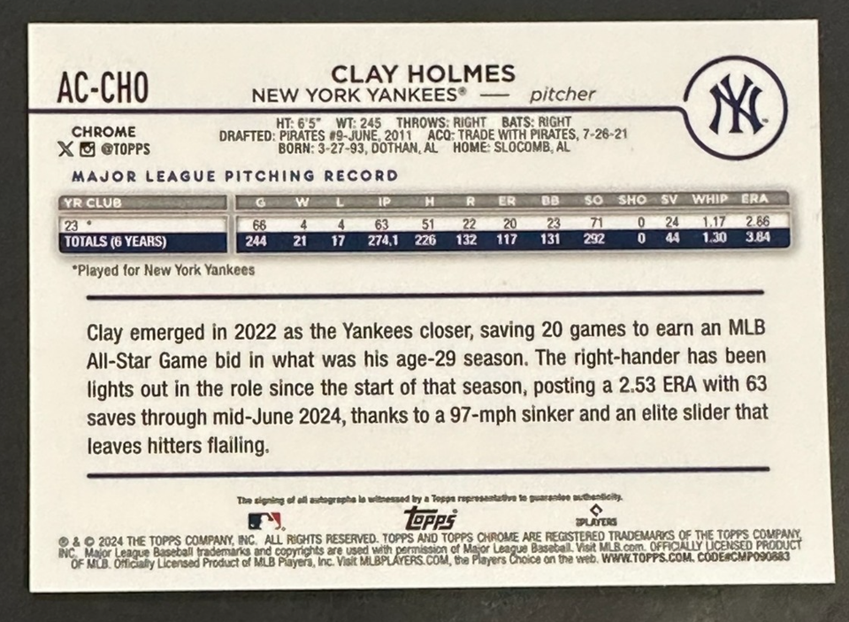 2024 Topps Chrome Update Clay Holmes Autographed Aqua Wave Refractor ...