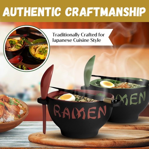 Red & Green Ceramic Ramen Bowl Set with Chopsticks and Spoon - Set of 2 ...