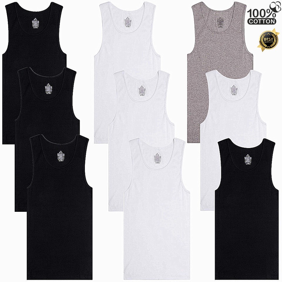 3-6 Pcs Men 100% Cotton Tank Top A-Shirt Wife-Beater Undershirt Ribbed ...