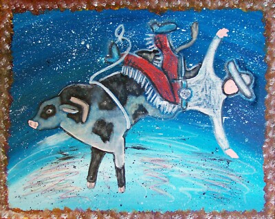 RODEO BULL RIDER 8.5x11 Abstract Impressionism Art Print Signed Artist ...