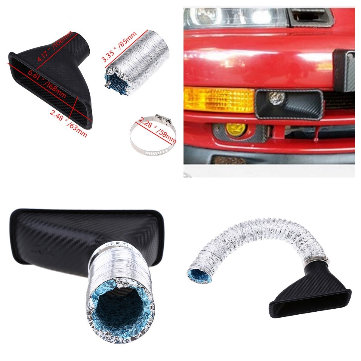 ABS Front Bumper Turbo Cold Air Intake Filter Funnel Pipe System Kit ...