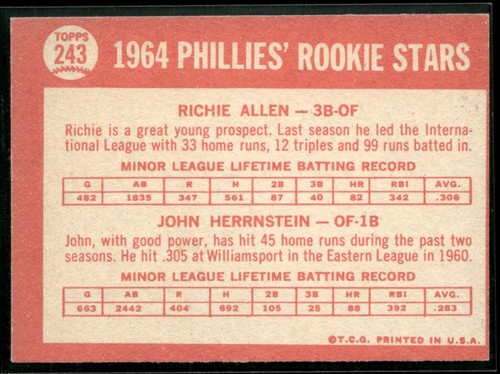 RICHIE ALLEN 1964 Topps #243 Rookie BASEBALL S1116 VINTAGE NEW ...