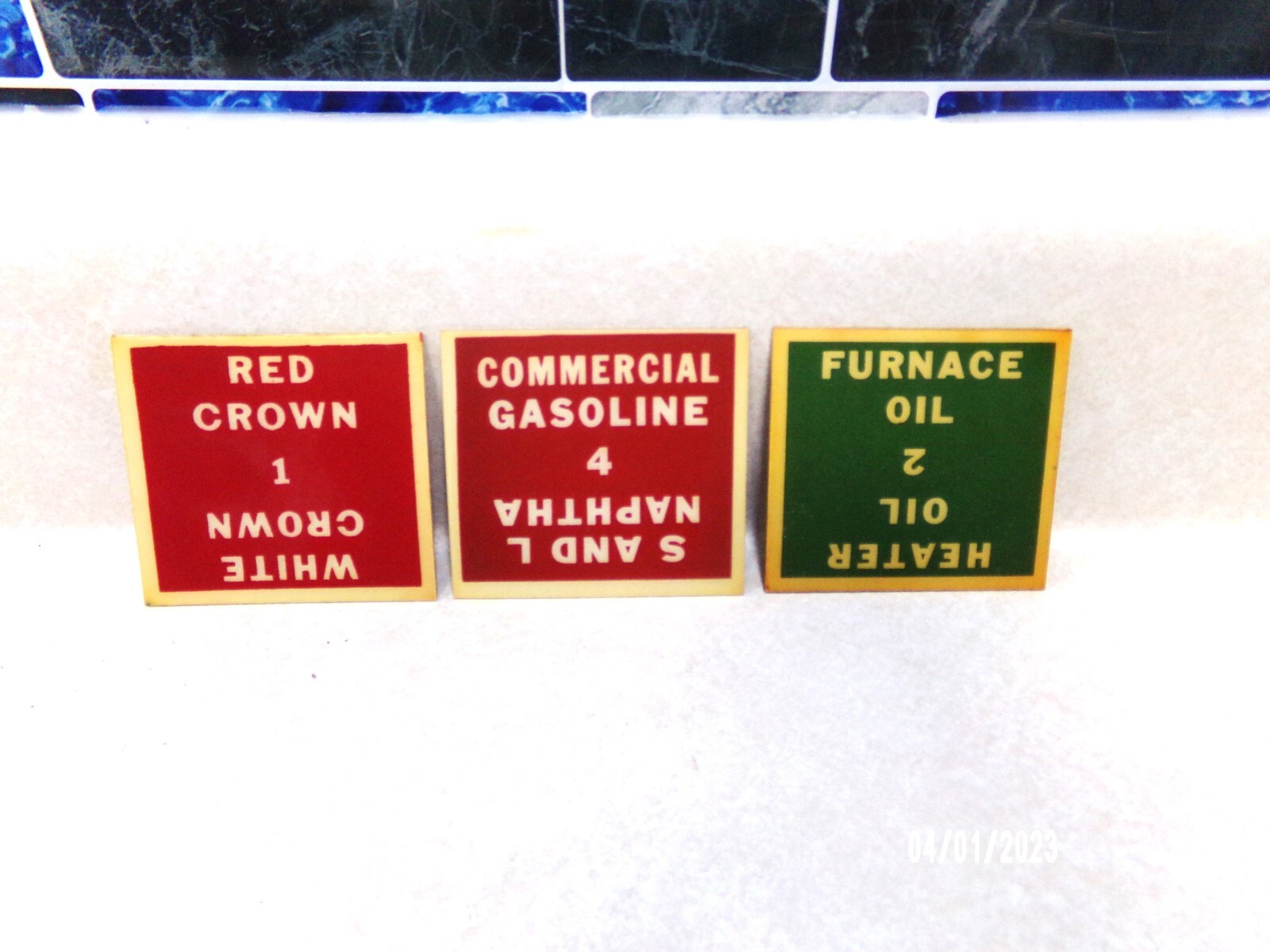 3 RARE HTF ANTIQUE ID RED CROWN COMPARTMENT TAGs FOR GAS OIL FUEL TANK ...