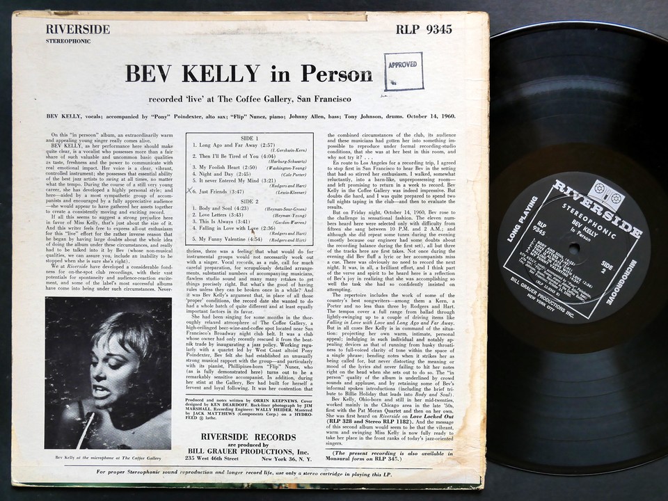 BEV KELLY In Person LP RIVERSIDE RECORDS RLP 9345 US 1960 DG ST VOCAL ...