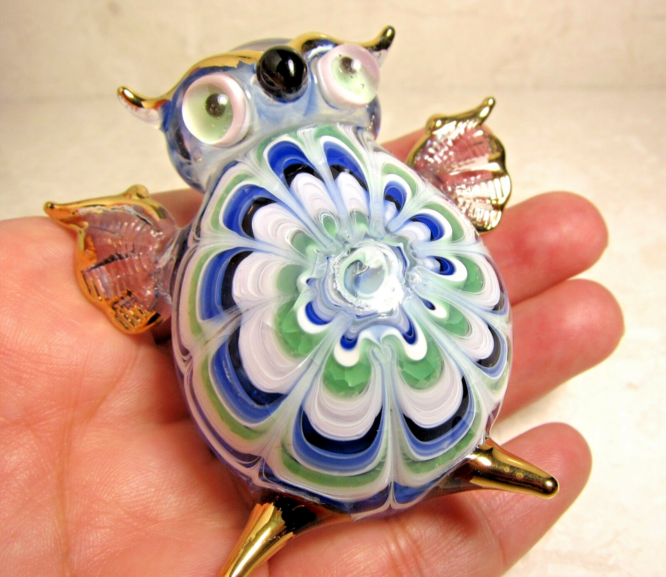 Blue Green Owl figurine bird hand blown art glass gild 2.5" home decor ...