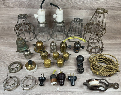 Antique japanned Early Electric Industrial Light Sockets Switches Cords ...