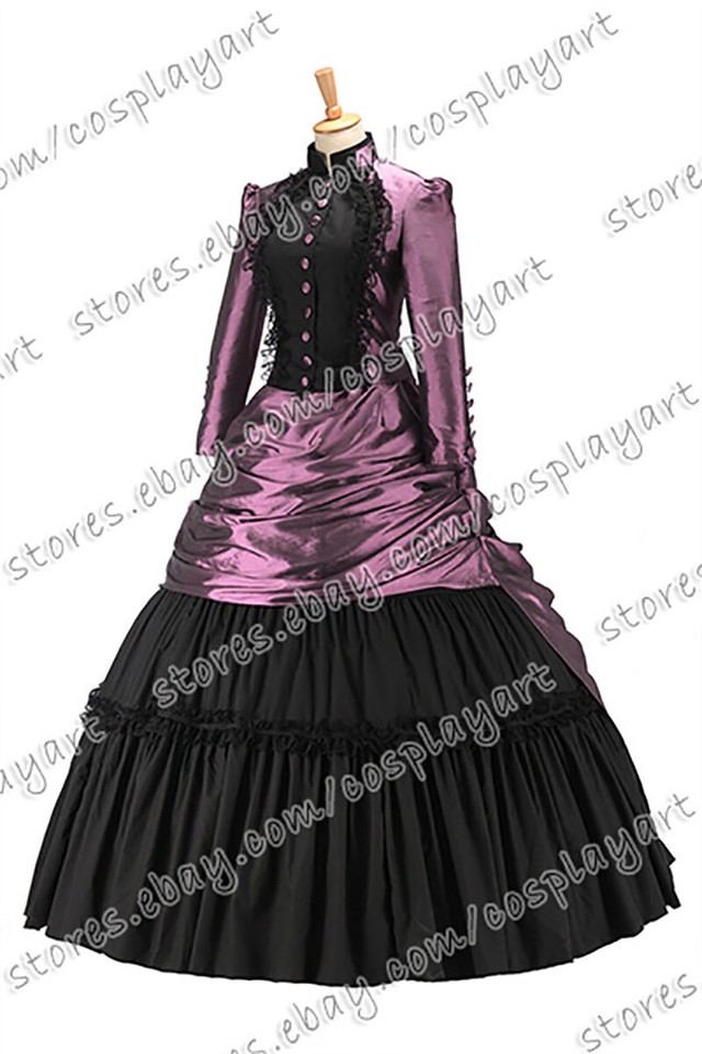 Lady Victorian Gothic Tiered Frill Ruffles Lace Brocaded Prom Formal ...
