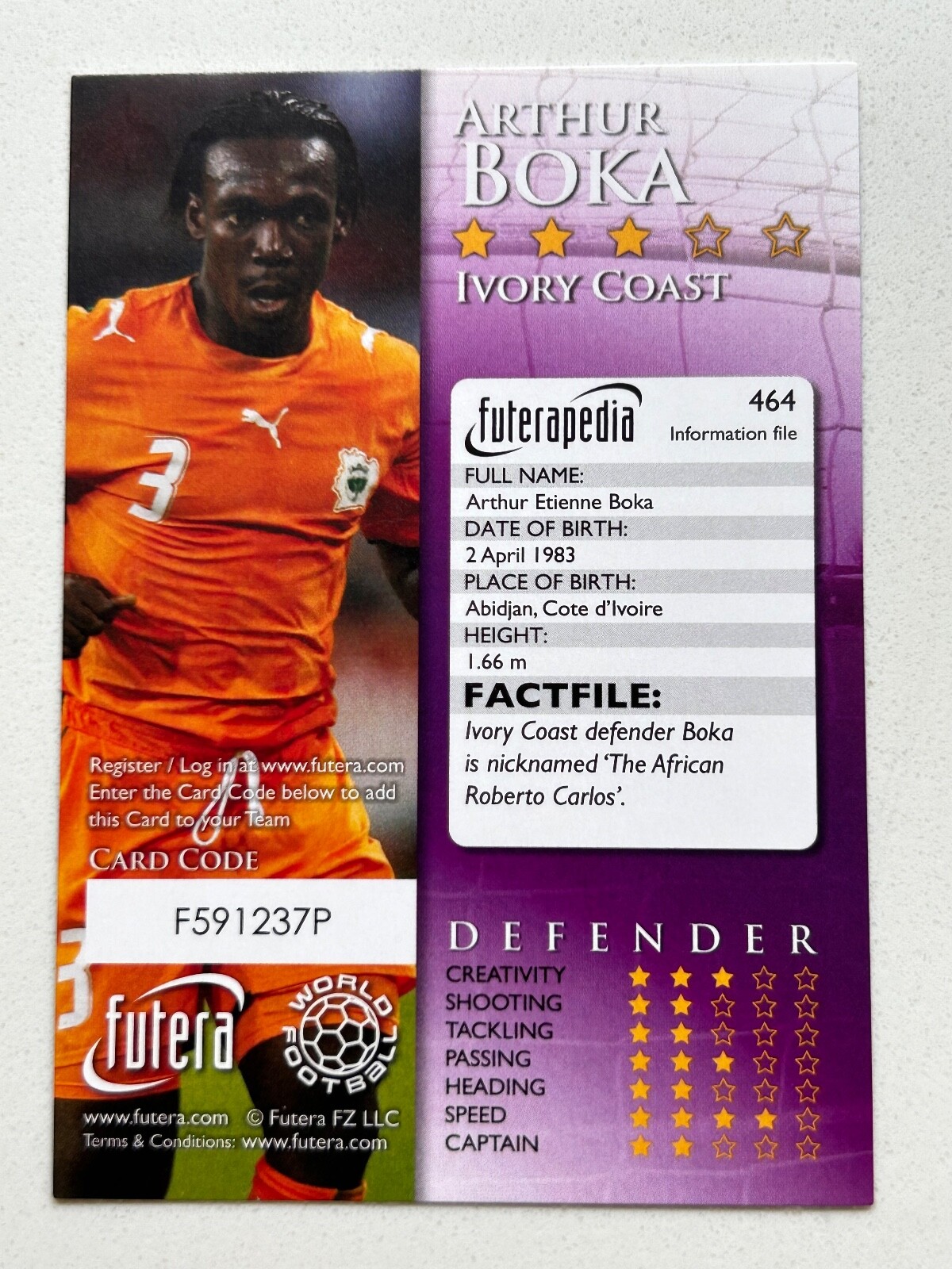 2010 Futera World Football Defender Ruby Card 'Arthur Boka' Ivory Coast ...