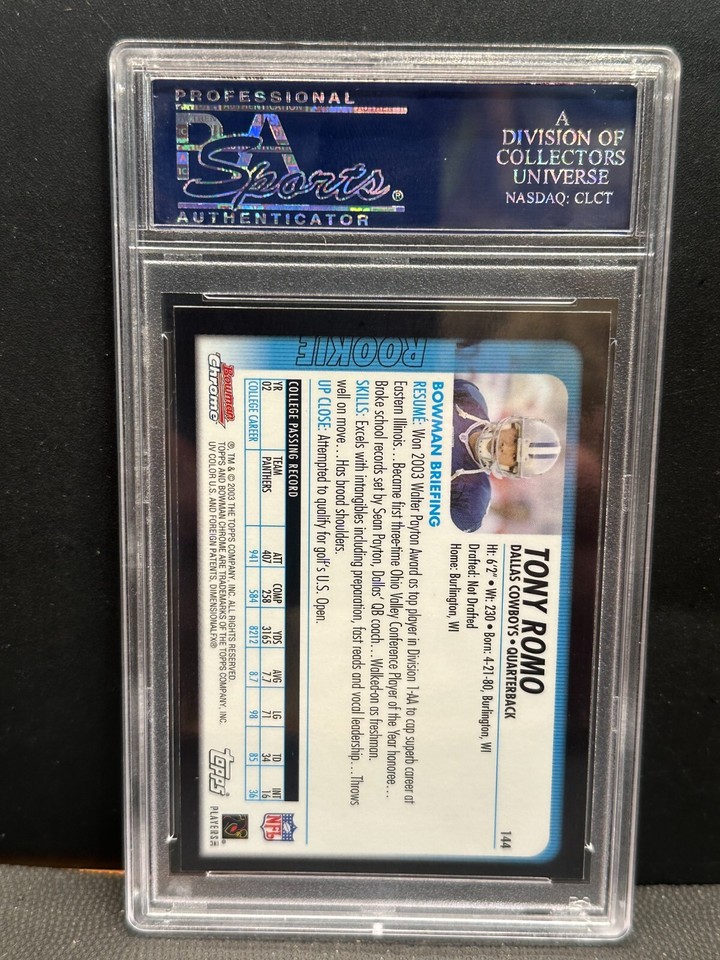Tony Romo 2003 Bowman Chrome Rookie RC Card #144 Graded PSA 10 GEM MT ...