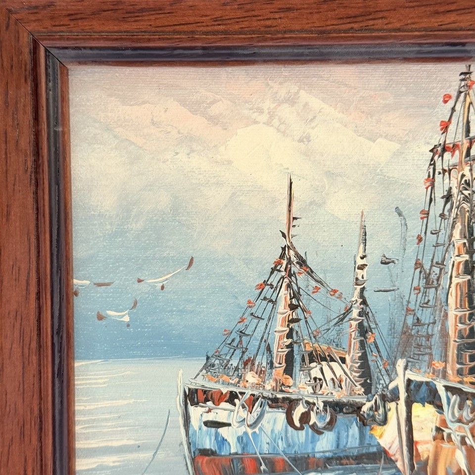 Vintage Framed Original Oil Painting Harbour Fishing Boats Seascape ...