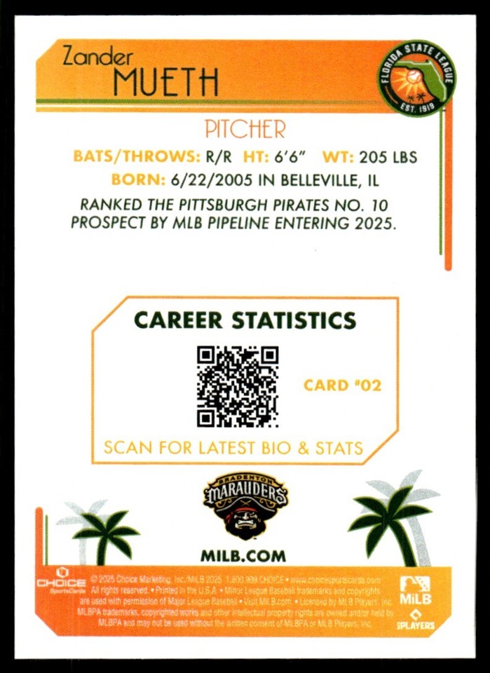 2025 Zander Mueth MiLB Minor League Rookie Card FSL Top Prospects | eBay