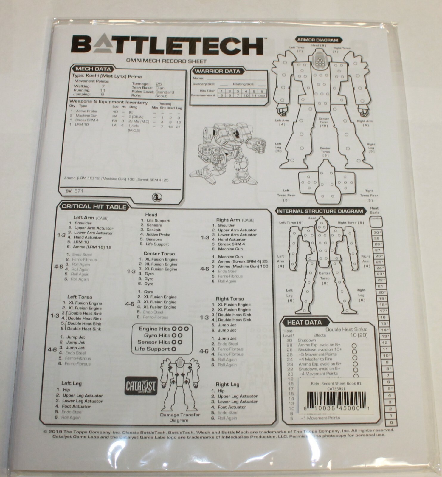 BattleTech OmniMech Record Sheet Book #1 Kickstarter Catalyst Games ...