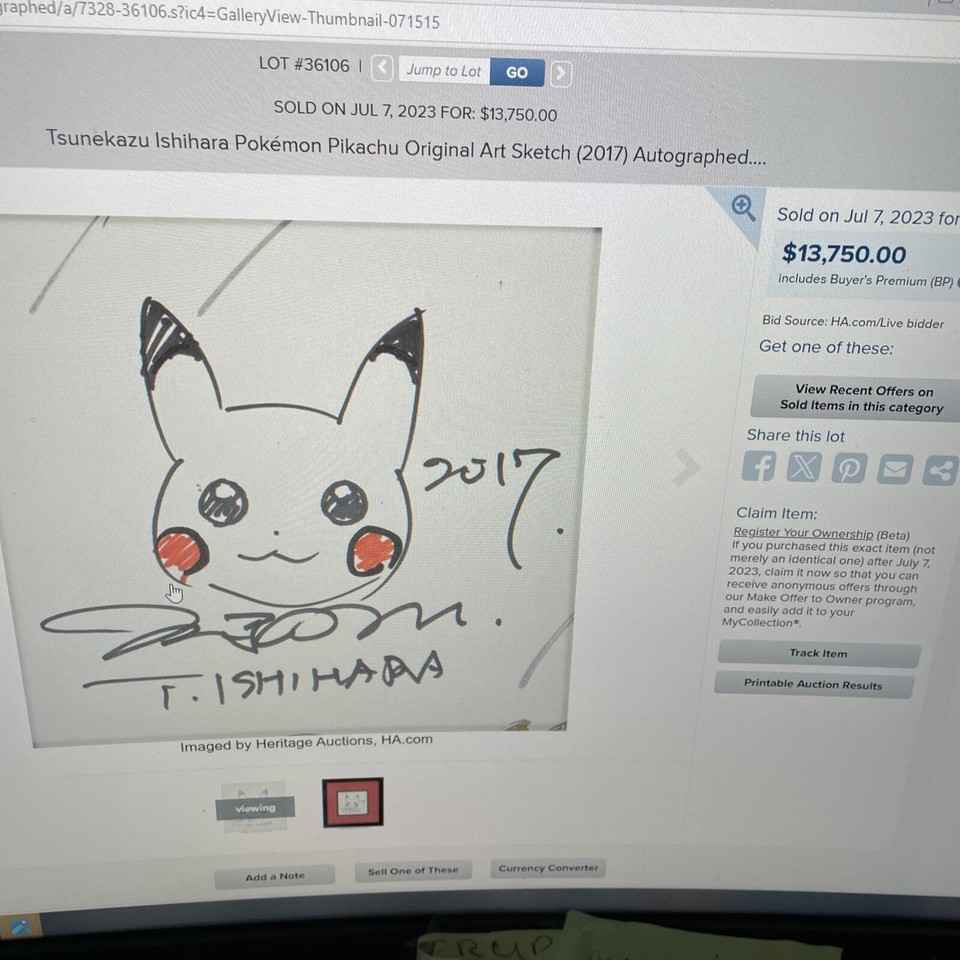 POKEMON art Hand Drawing Pikachu By Tsunekazu Ishihara Signed Autograph ...