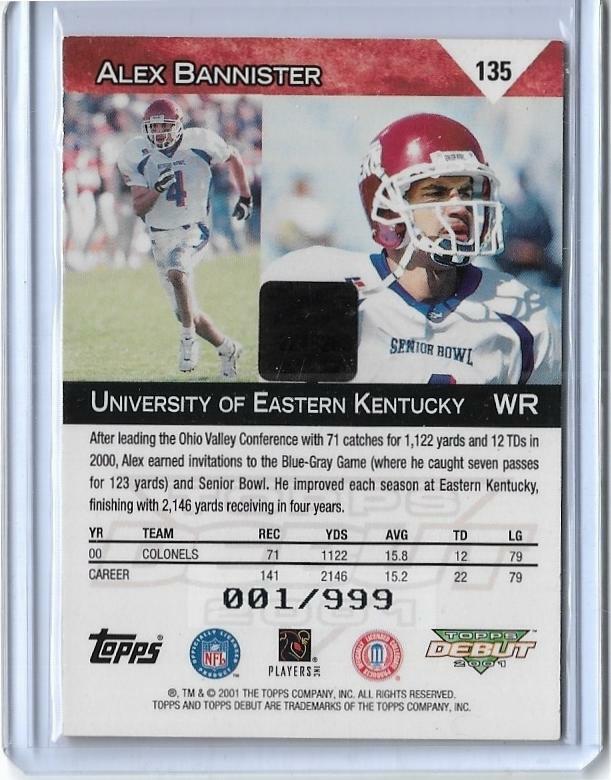 2001 TOPPS ALEX BANNISTER ROOKIE RELIC CARD #135 ~ 001/999 UNIQUE ~ E ...