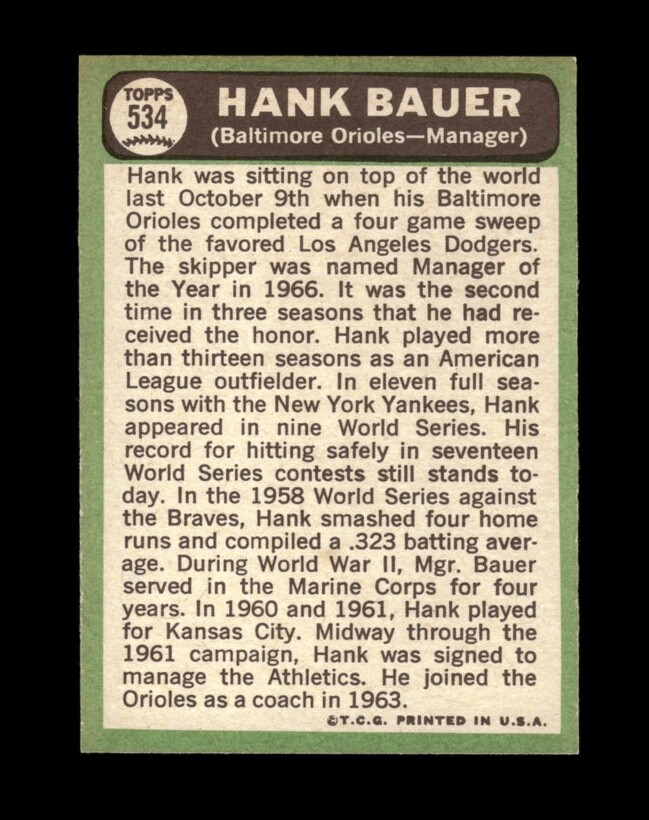 1967 Topps Set-Break #534 Hank Bauer NR-MINT *GMCARDS* | eBay
