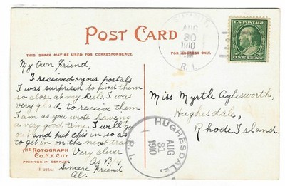 Summit RI DPO 1910 to Hughesdale RI receiver postcard Hunt's Mills | eBay