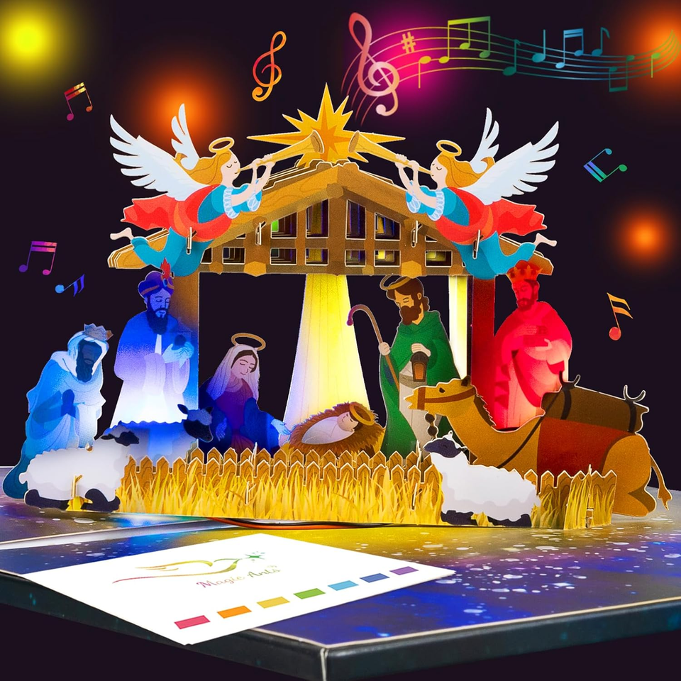 3D Pop-Up Nativity Scene Musical Christmas Card LED Lights Holy Night ...