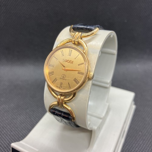 Gucci Vintage 6000L Watch Ladies 23mm Round Quartz Gold Dial Swiss Made ...