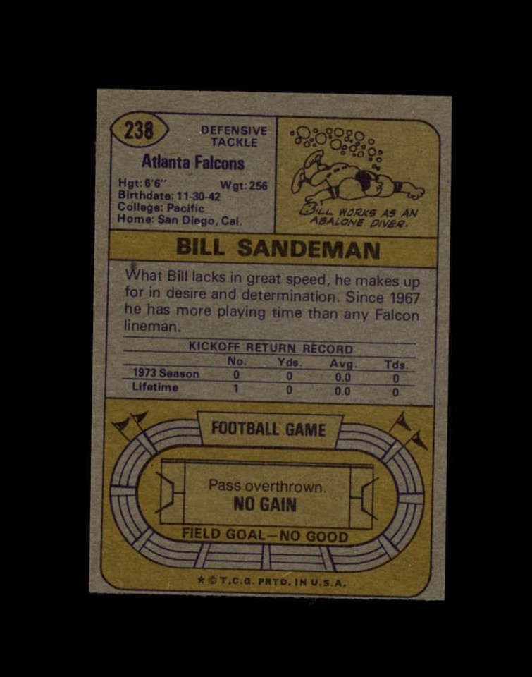 1974 Topps Football #238 Bill Sandeman STARX 8 NM/MT OC CS57450 | eBay