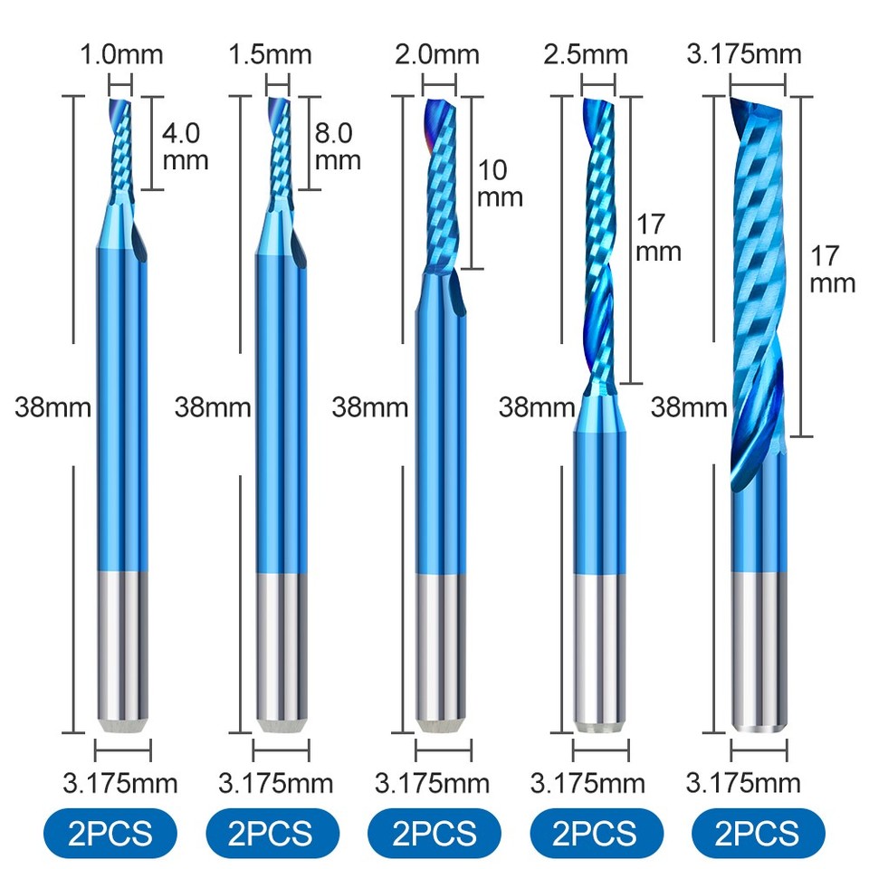10pcs Carbide End Mill 1/8'' Shank O Flute Spiral Upcut CNC Router Bit ...