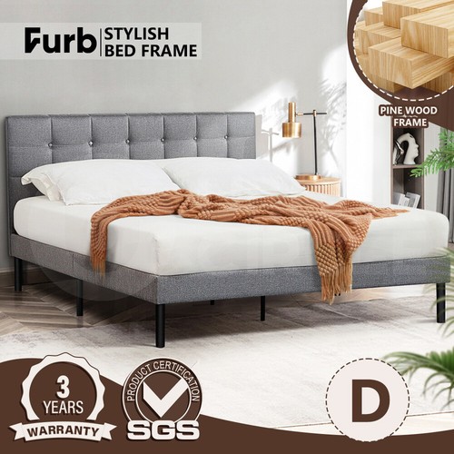 Furb Double Platform Bed Frame w/ Upholstered Headboard Strong Wooden ...