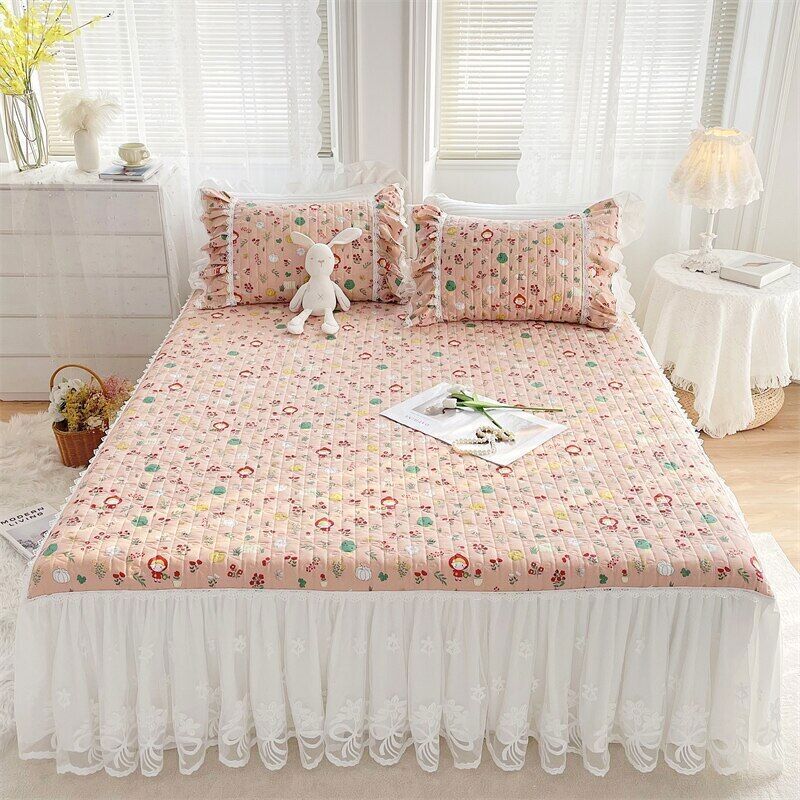 Lace Ruffle Quilted Floral Pattern Bed Skirt Mattress Cover Bedspread ...