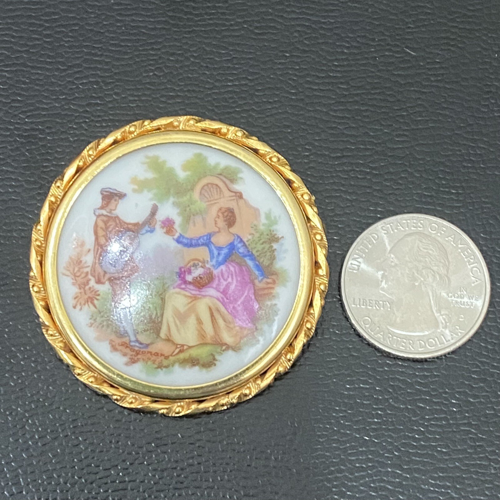 Vintage LIMOGES France Fragonard GoldTone Courting Couple Scene Brooch ...