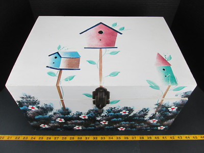 Wooden Chest Bird House Flower Hinges Spring Latch 17 3/4" x 12 1/2" x ...