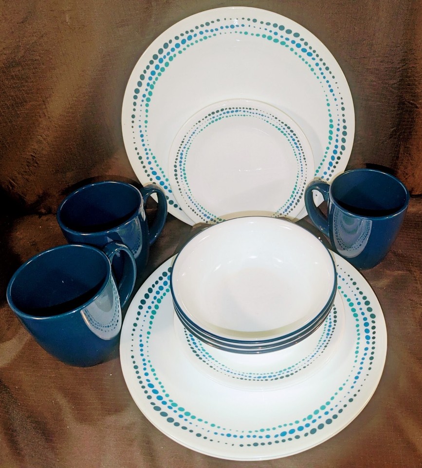 Corelle Ocean Blues Dinnerware Set - 12 pc - 3 place settings EUC | eBay