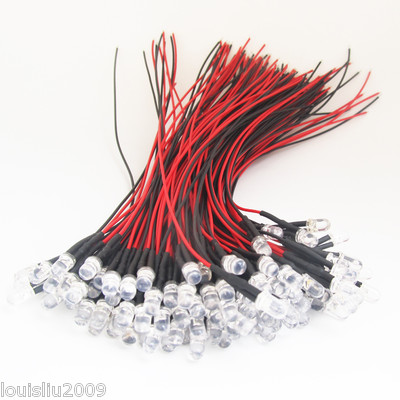 10pcs Transparent 5mm LED in Red/Yellow/Blue/Green Light w/10cm Wire w ...