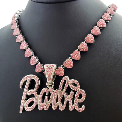Women Silver Plated Pink Barbie & 20" Iced Cubic Zirconia Heart Chain ...