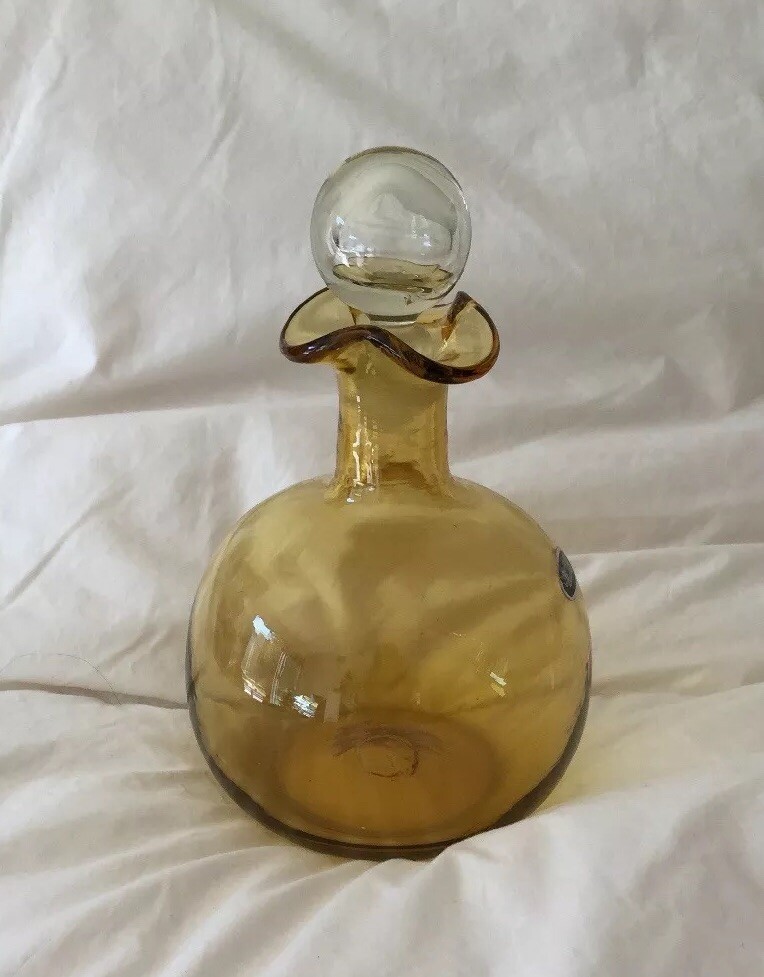 Bischoff Art Glass Decanter Amber Gold Wheat w Stopper & Label 9” Tall ...