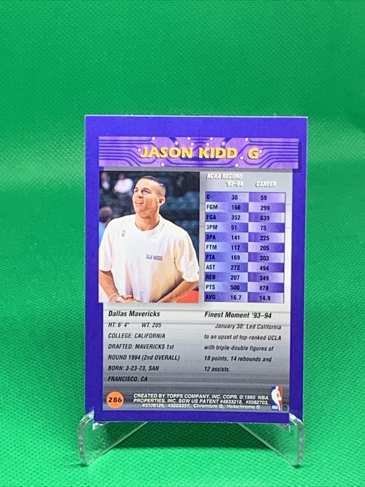 JASON KIDD 1994-95 TOPPS FINEST ROOKIE CARD RC #286 w/COATING MINT ...