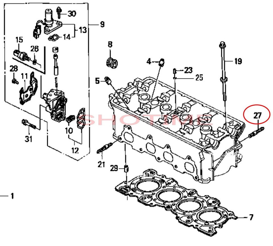 HONDA 97-01 CR-V EX LX SE Cylinder Head 8X25 Bolt Stud 6 pcs set OEM ...
