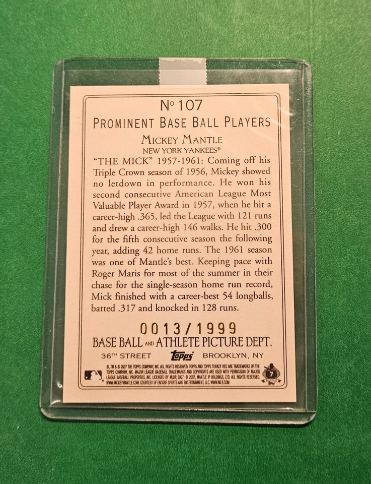 2007 TOPPS MICKEY MANTLE CHROME TURKEY RED CARD #107 0013/1999 NEW YORK ...