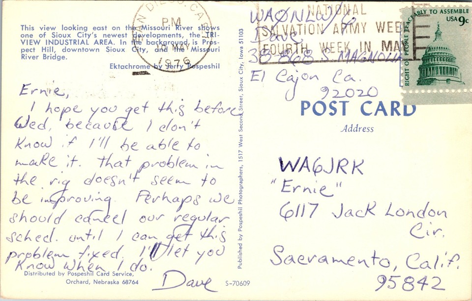 1976 Sioux City Iowa QSL Card WA NLW to WA6JRK Missouri River | eBay