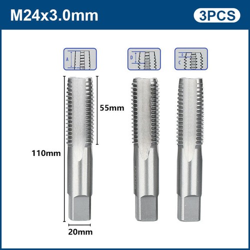 3Pcs M24 x 3.0mm Metric Straight Flute HSS Machine Hand Thread Metric ...