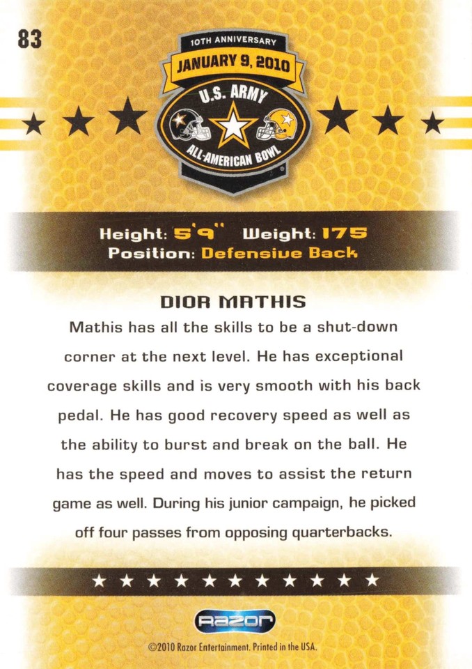 Dior Mathis 2010 Razor Army All-American Bowl #83 U.S. Army | eBay