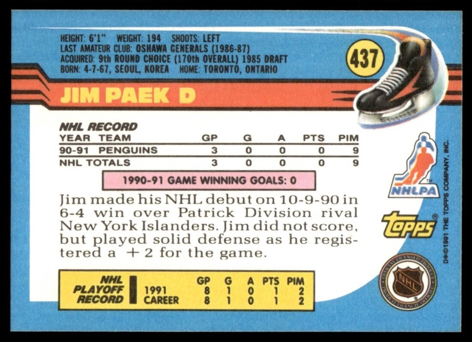 1991-92 Topps Top Prospect #437 Jim Paek Rookie Pittsburgh Penguins | eBay