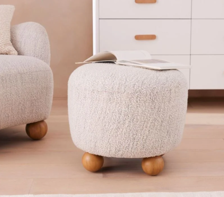 White Cute Round Ottoman Foot Rest Stool Fabric 4 legged 50cm diameter ...