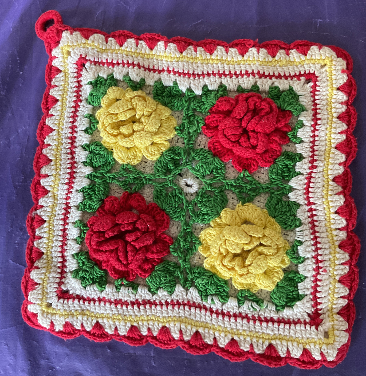 Set Of Vintage Hand Crochet Red & Yellow Rose Doilies, Potholders | eBay